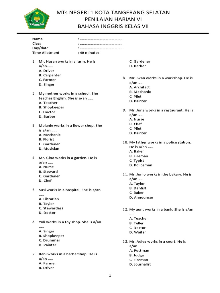 Soal Bahasa Inggris Kelas 7 KD 3.6 | PDF