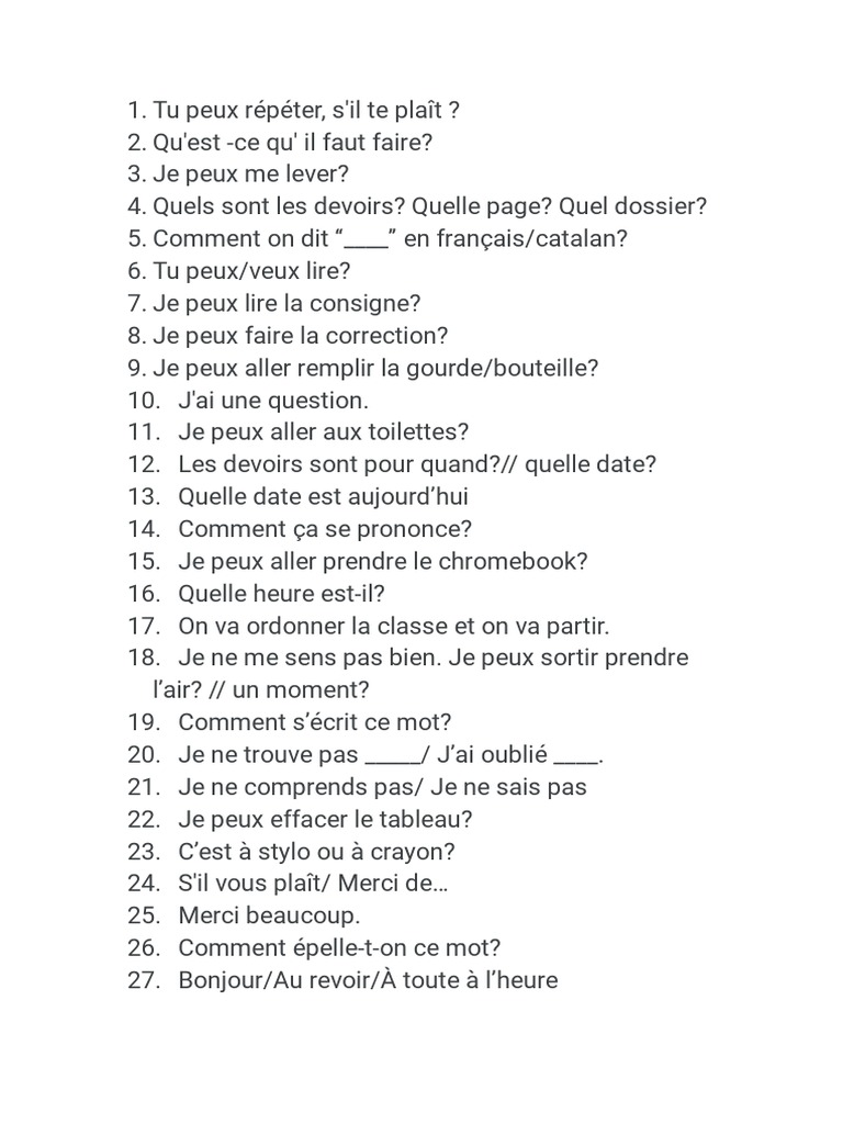 Phrases Utiles Pour Le Cours de Français | PDF