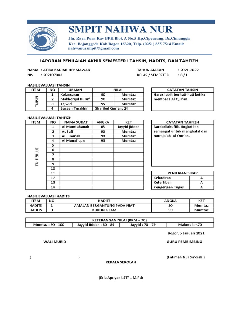 Rapot Tahfizh Atira | PDF