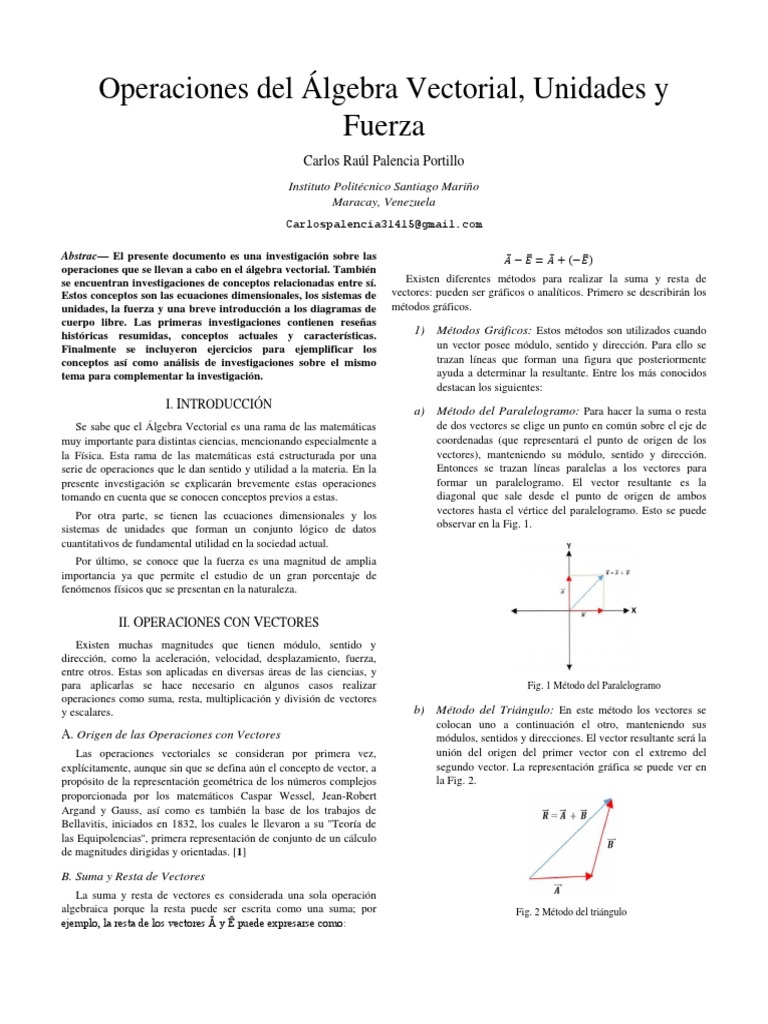 Operaciones Del Álgebra Vectorial, Unidades y Fuerza: Carlos Raúl Palencia Portillo | PDF ...