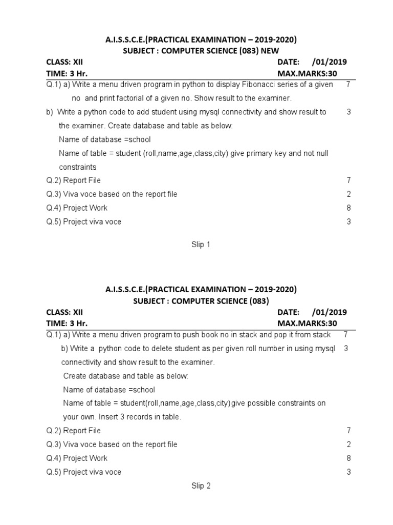 Xii Cs Pract Slips 2020 Pdf Databases Computing 7162