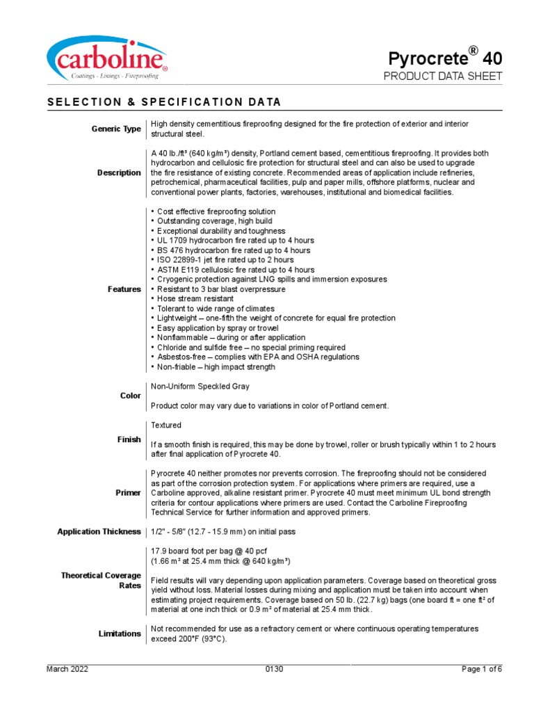Pyrocrete 40 PDS | Download Free PDF | Sheet Metal | Density