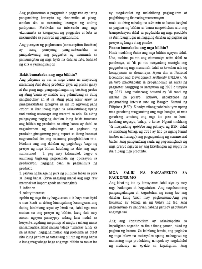 Ang Pagkonsumo o Paggamit o Paggastos Ay Isang Pangunahing Konsepto NG ...