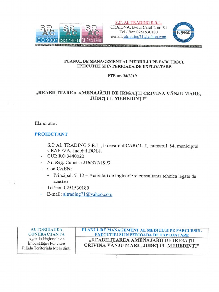 Plan Management Mediu Crivina Vanju Mare Etapa I | PDF