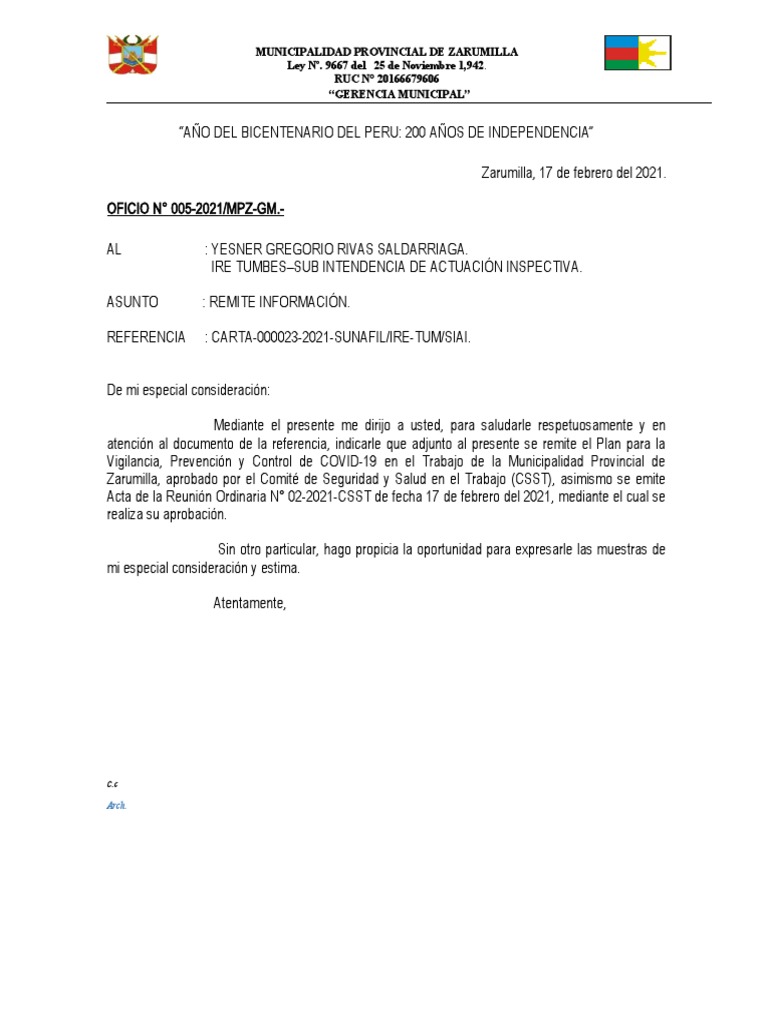 Oficio #005-2021 Remite Información Plan Covid-1 - 2021 | PDF