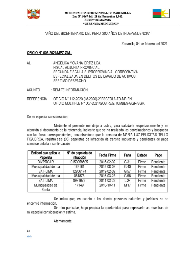 Oficio #003-2021 Remite Informacion Sobre Papeletas de Maria Luz ...