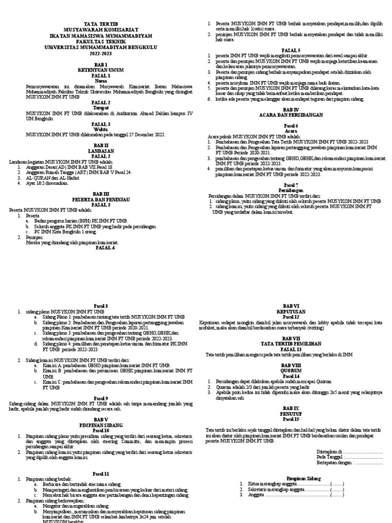 Tata Tertib Musyawarah IMM FT UMB 2022-2023 | PDF