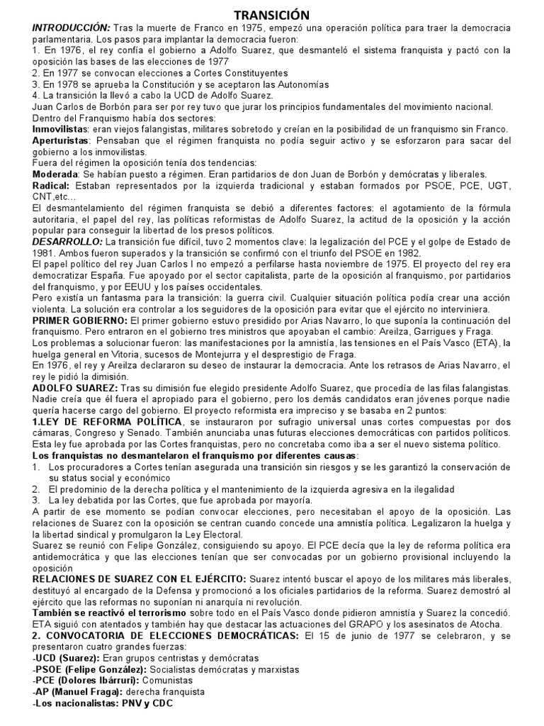 Resumen Tema 18 Transición Pdf España Franquista Gobierno De España