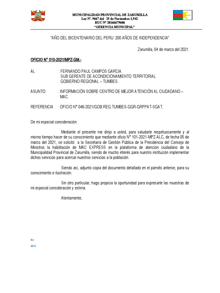 OFICIO N° 010-2021 ACONDICIONAMIENTO TERRITORIAL GOBIERNO REGIONAL - MAC EXPRESS | PDF | Gobierno