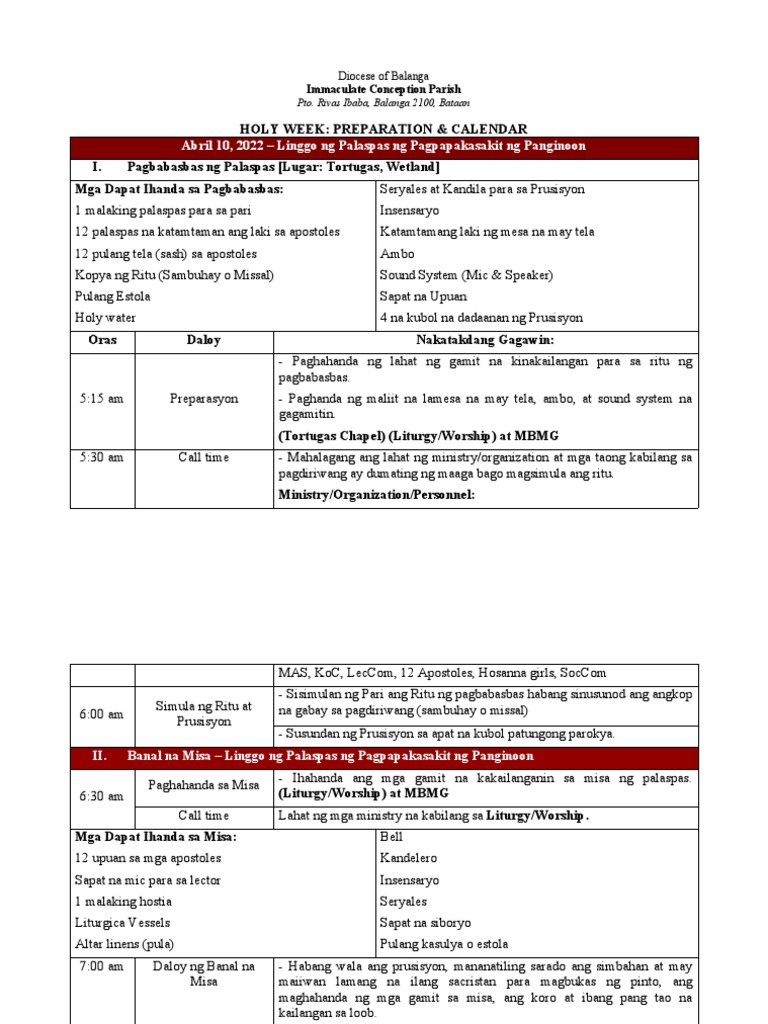 HOLY WEEK Preparation and Calendar | PDF