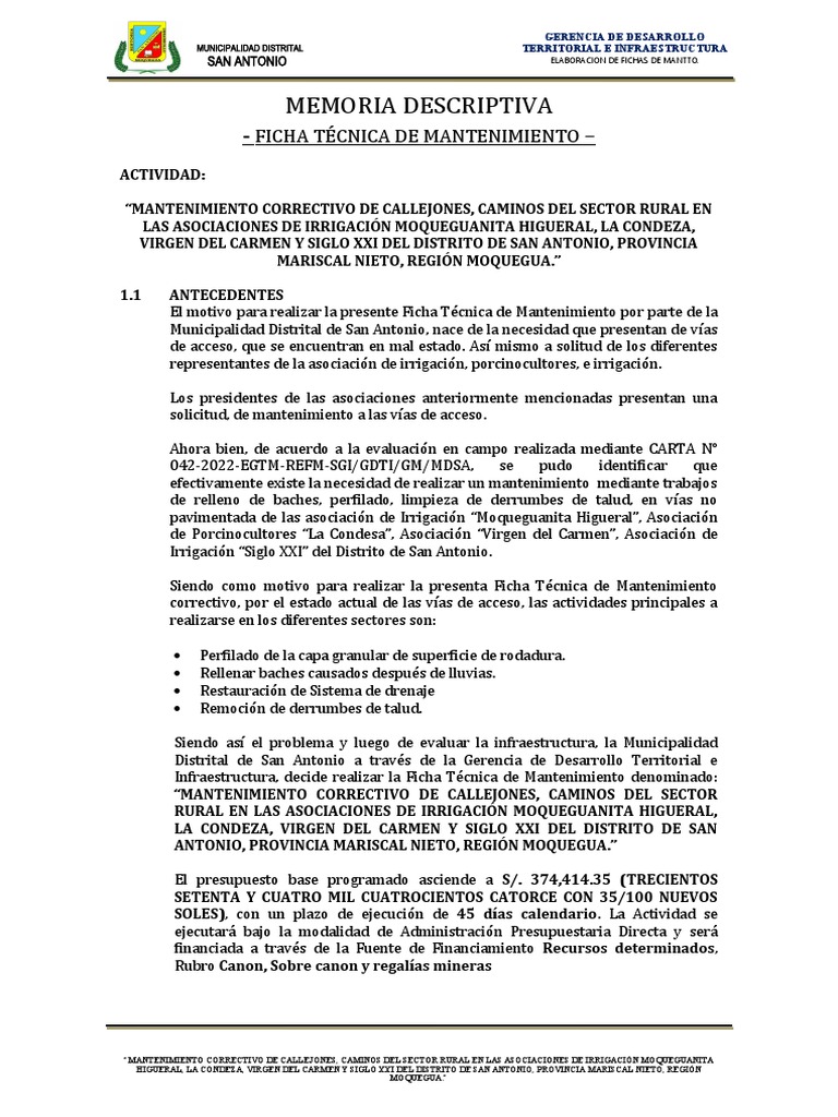 Memoria Descriptiva - Trocha | PDF | Economias