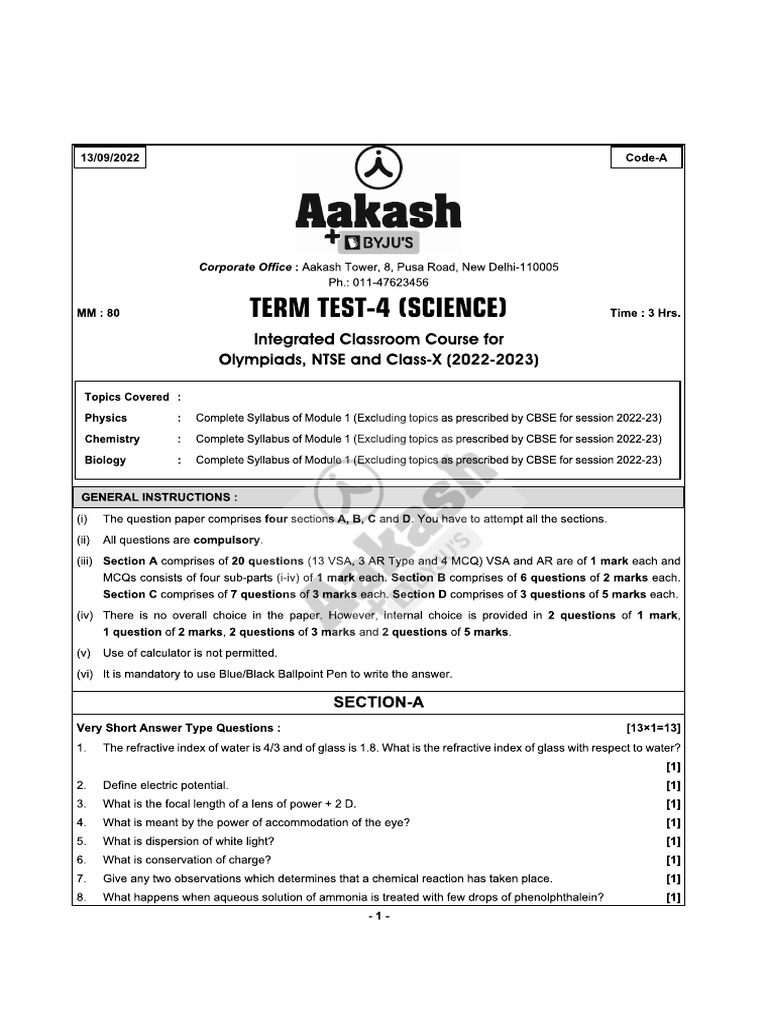 Aakash Class 10 Science Question Paper | PDF