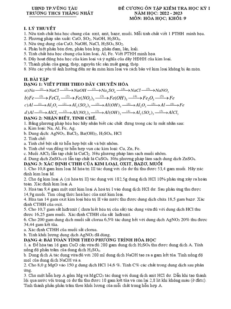 ĐỀ CƯƠNG ÔN TẬP HK1 - HÓA 9 - 22-23 | PDF
