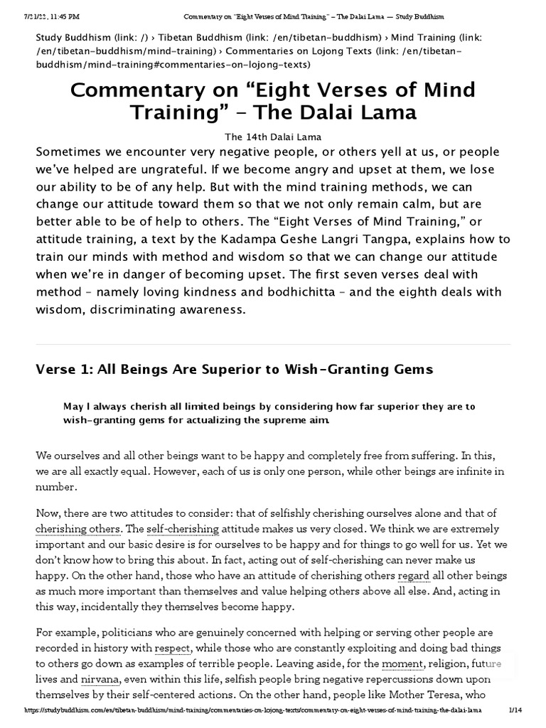 Commentary On "Eight Verses of Mind Training" - The Dalai Lama - Study Buddhism | PDF ...