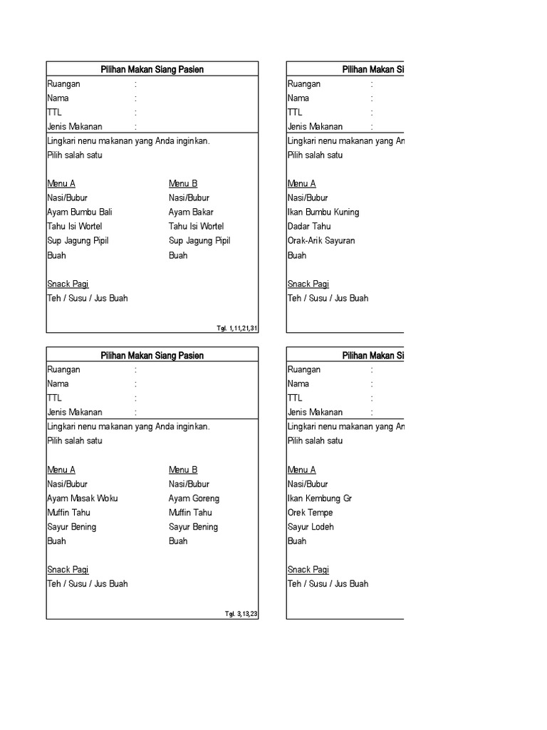 Menu Pilihan Pasien Vip Fix | PDF