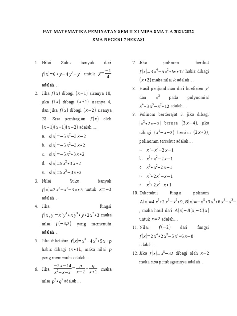 Pat MTK Peminatan Sem II Xi Mipa Sman 7 Bekasi | PDF