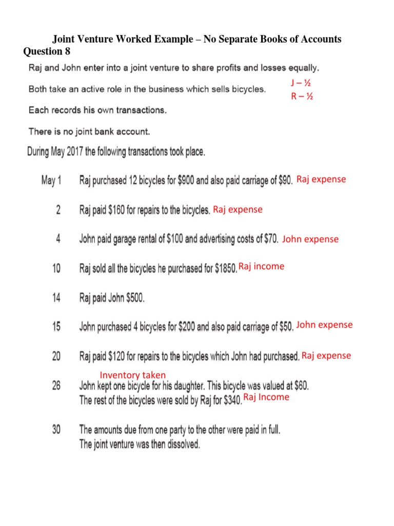 Joint Venture Worked Example Question 8 - No Seperate Books of Accounts ...