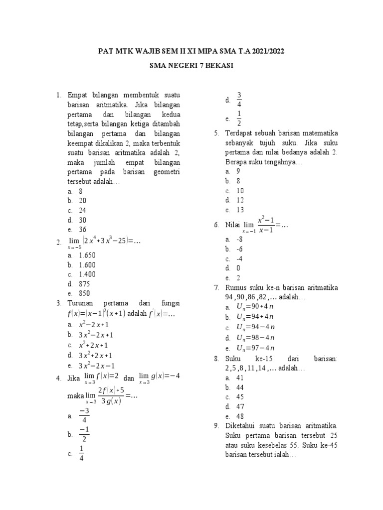 Pat MTK Wajib Sem Ii Xi Mipa Sman 7 Bekasi | PDF