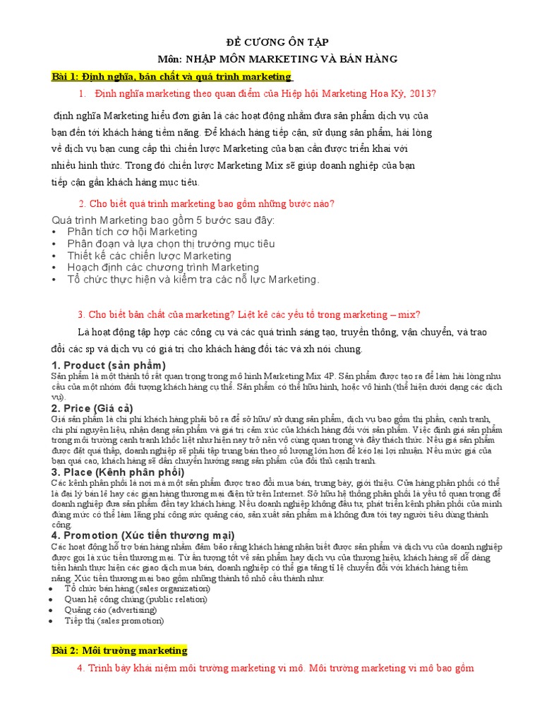 De Cuong On Tap NHAP MON MKT 1 1 | PDF