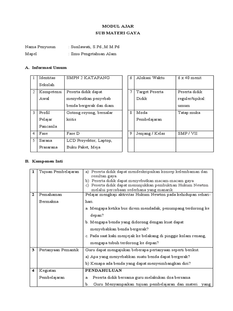 MODUL AJAR Yang Paling Singkat GAYA DAN GERAK | PDF