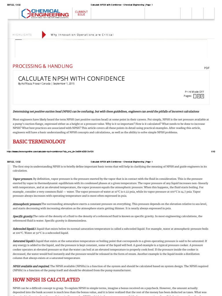 Calculate NPSH With Confidence - Chemical Engineering - Page 1 | PDF ...