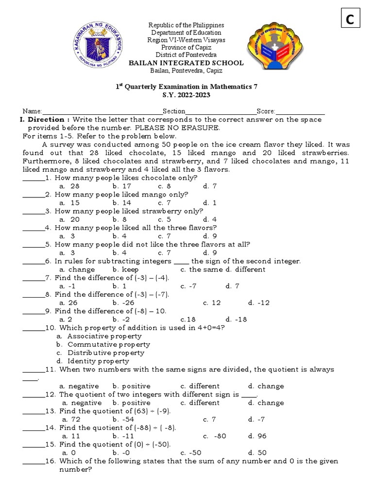 Republic of the Philippines 1st Quarterly Examination in Mathematics 7 ...