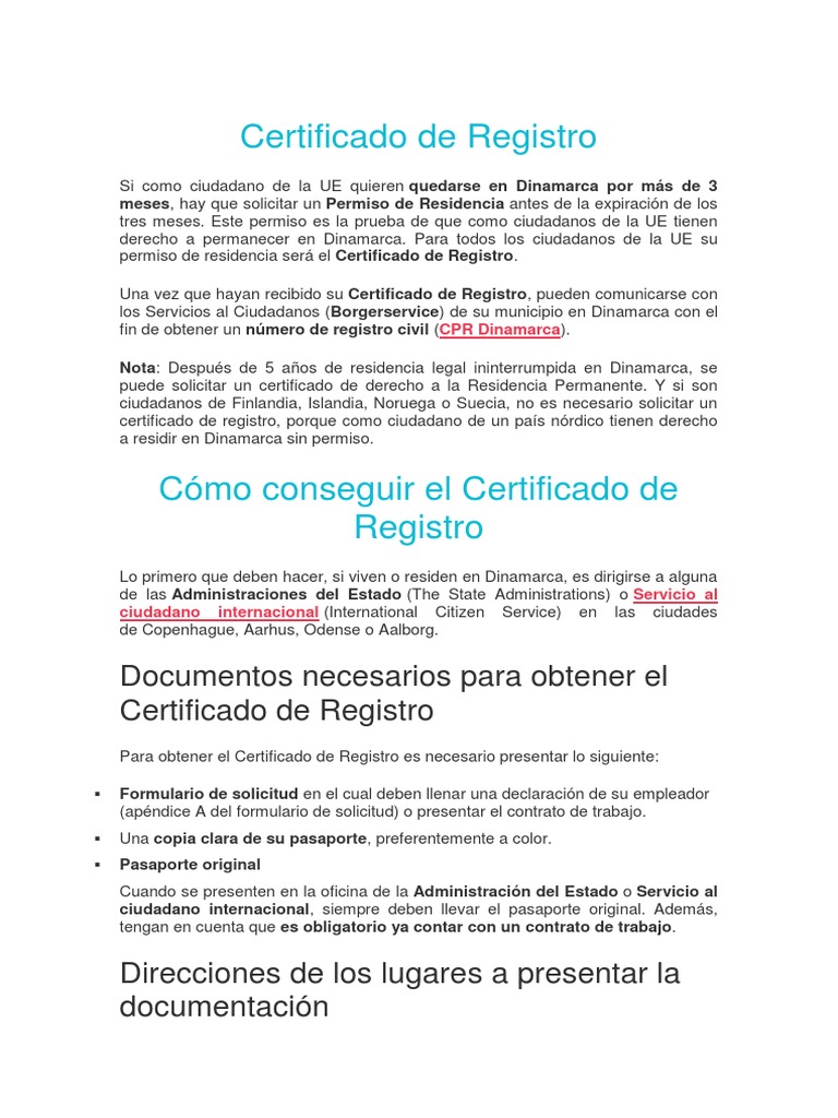 Dinamarca Certificado de Registro | PDF