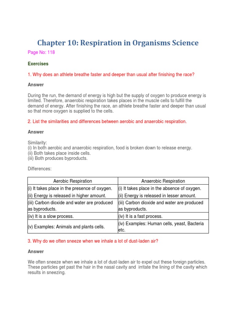Chapter 10: Respiration in Organisms Science: Page No: 118 | PDF ...