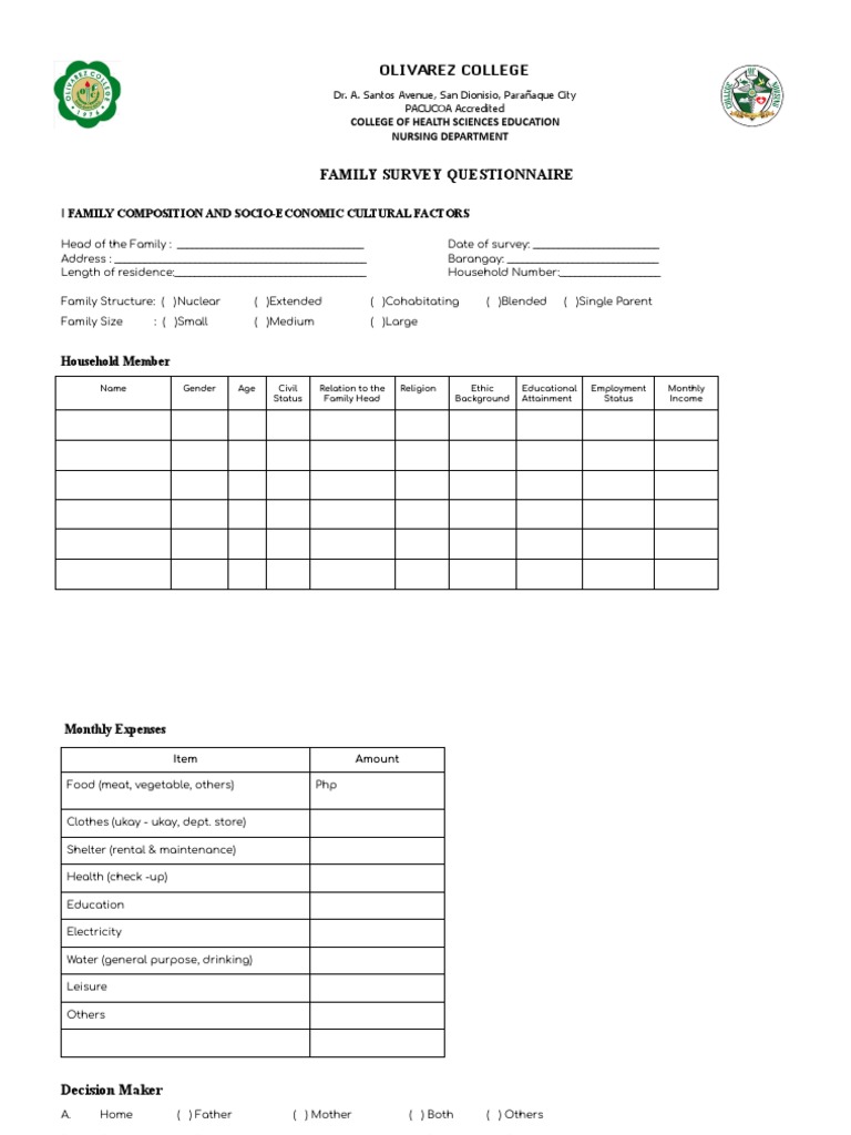 Family Survey Questionniare | PDF | Birth Control | Health Sciences