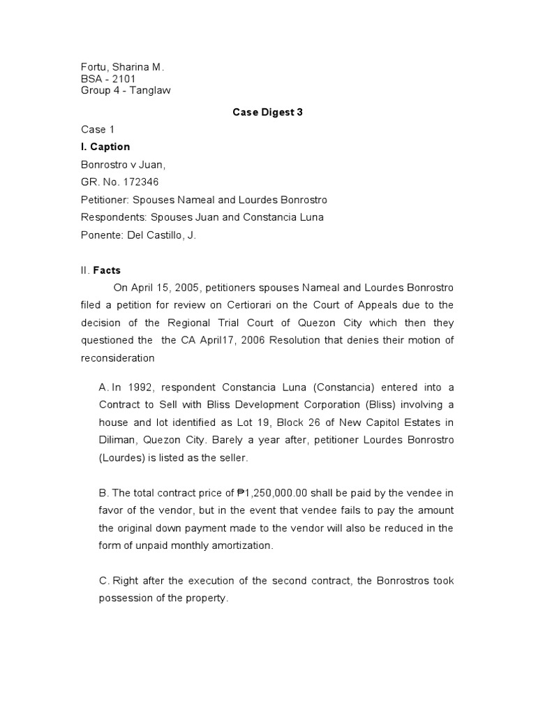 Case Digest Sharina M. Fortu | PDF | Lawsuit | Breach Of Contract