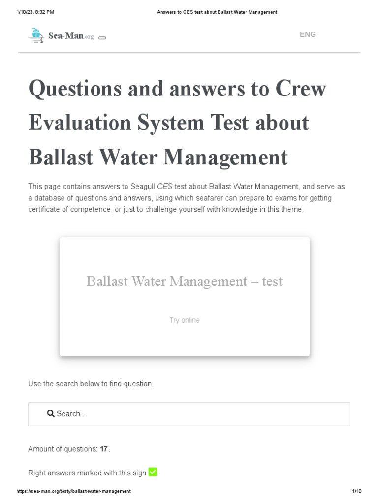 Answers To CES Test About Ballast Water Management | PDF | Ships | Shipping