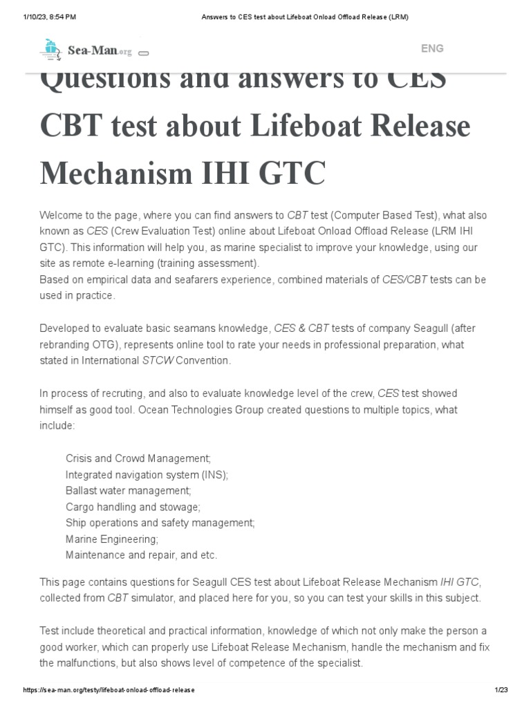 Answers To CES Test About Lifeboat Onload Offload Release (LRM) | PDF ... Answers To CES Test About Lifeboat Onload Offload Release (LRM) | PDF ...