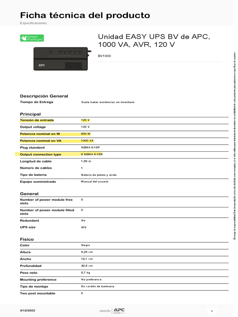 Easy-UPS BV1000 | PDF | Cantidades fisicas | Naturaleza