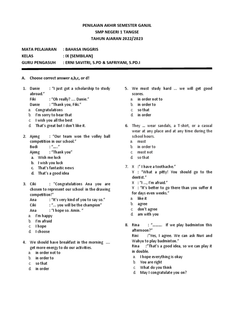 Soal Ujian B.ing Kls 9 Semester Ganjil | PDF