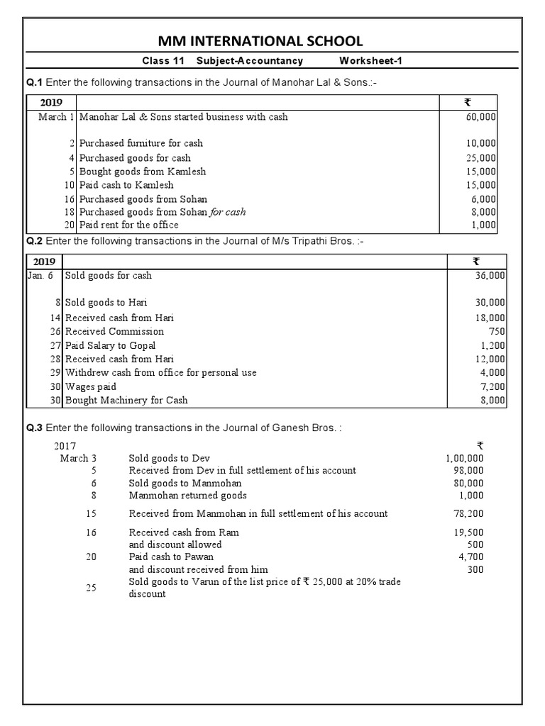MM International School Class 11 Accountancy Worksheet Journal Entries ...