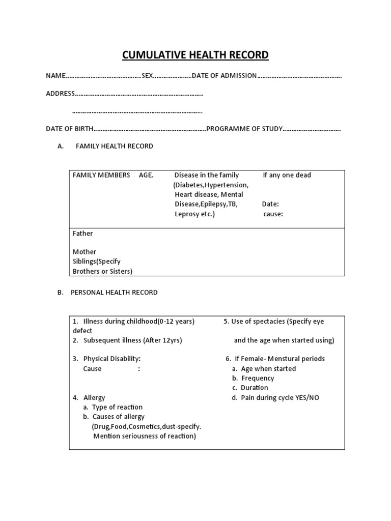 Cumulative Health Record Template | PDF | Wellness
