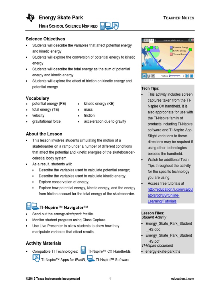 Energy Skate Park Teacher HS | PDF | Potential Energy | Kinetic Energy