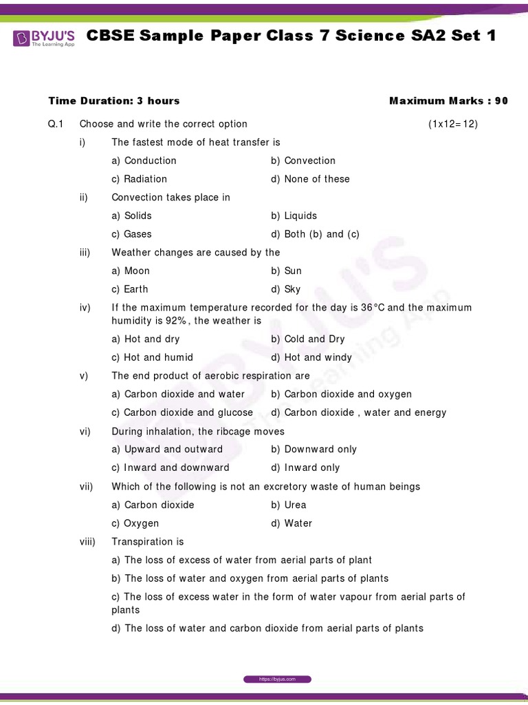 CBSE Sample Paper Class 7 Science SA2 Set 1 | PDF | Water | Carbon Dioxide