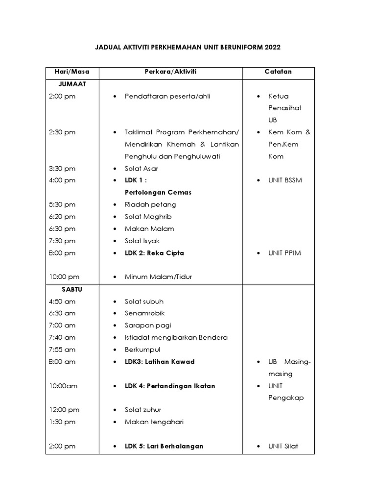 Jadual Aktiviti Perkhemahan Unit Beruniform 2022 | PDF
