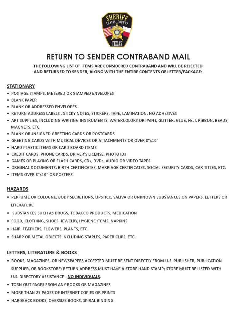 Contraband List | Download Free PDF | Mail | Envelope
