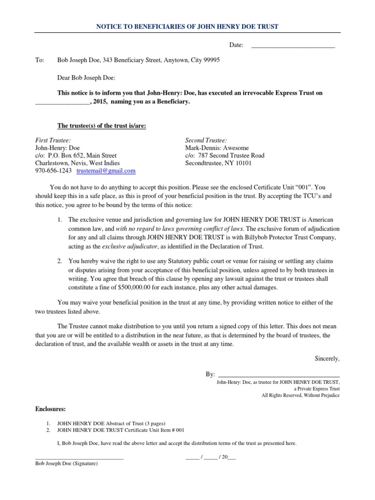 Notice To Beneficiaries of John Henry Doe Trust | PDF | Trust Law ...