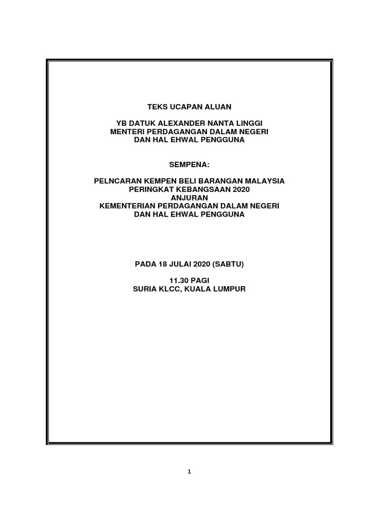 Teks Ucapan Aluan Yb Menteri Kpdnhep Sempena Karnival Beli Barangan ...