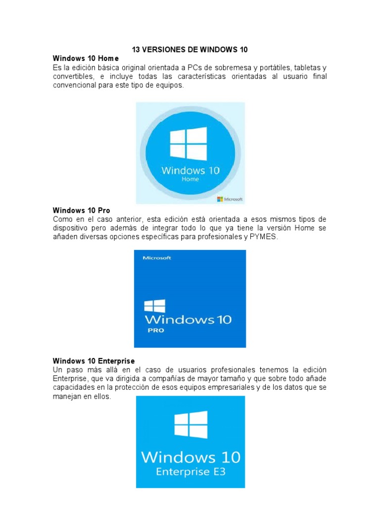 13 VERSIONES DE WINDOWS 10 | PDF | Windows 10 | Microsoft Windows
