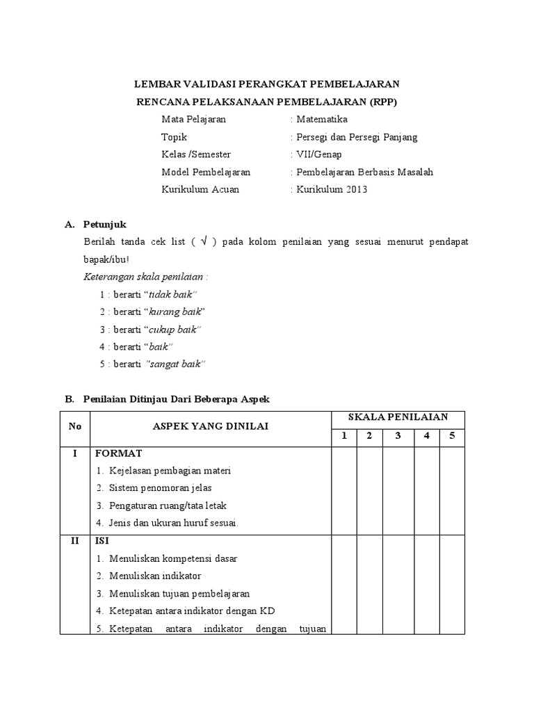 Lembar Validasi Perangkat Pembelajaran | PDF