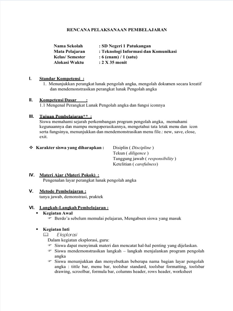 Dokumen - Tips RPP Tik SD Kls 6 SMT 1 | PDF