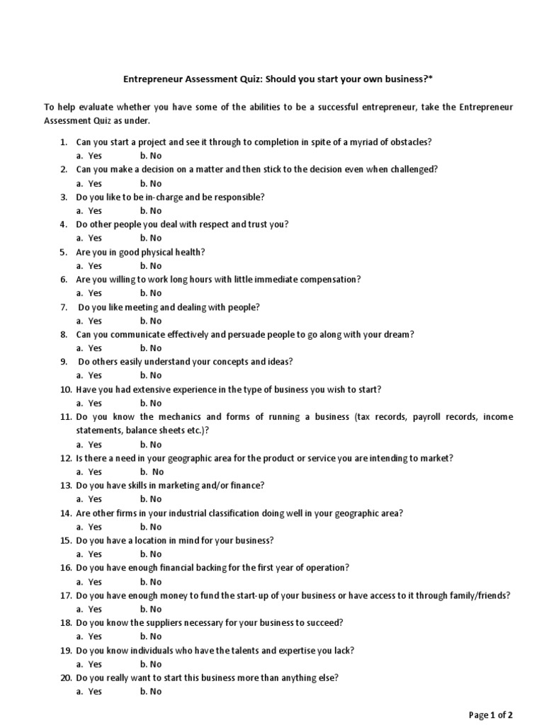 Entrepreneur Assessment Quiz Guide | PDF | Entrepreneurship | Economies