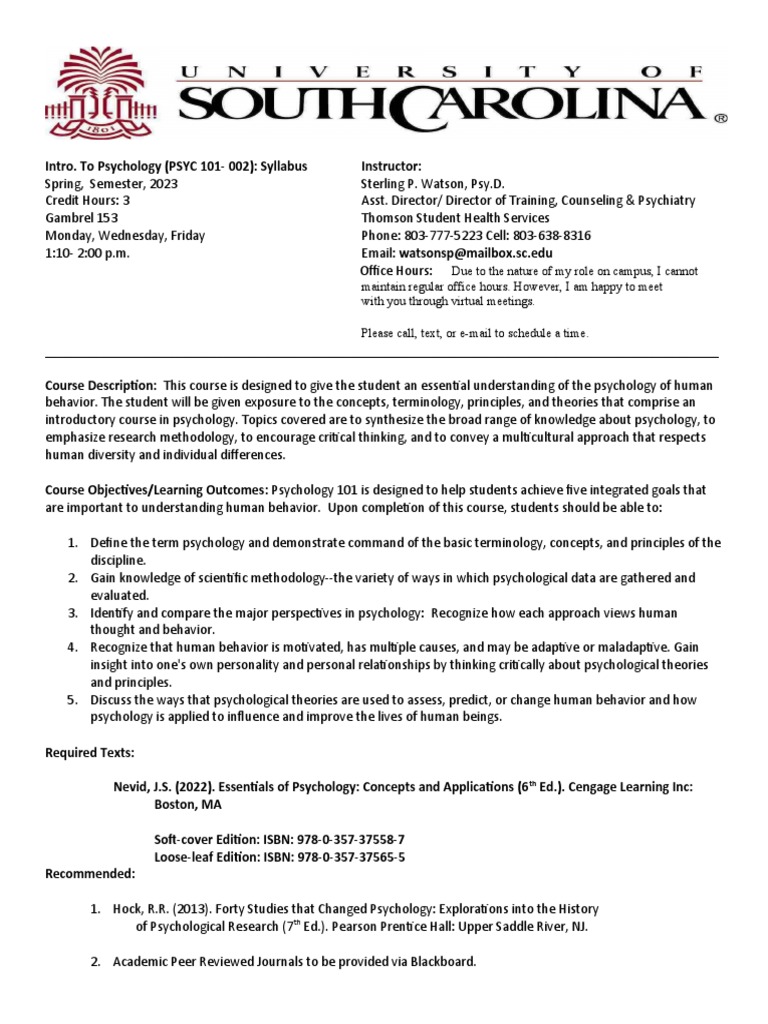 Intro To Psychology Syllabus Spring (2023) | PDF | Psychology | Academic Dishonesty