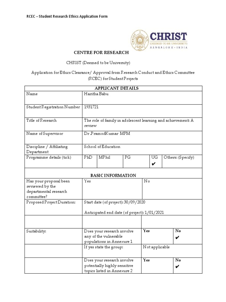 1721 - Haritha Babu - Research Ethics Form | Download Free PDF | Informed Consent | Data