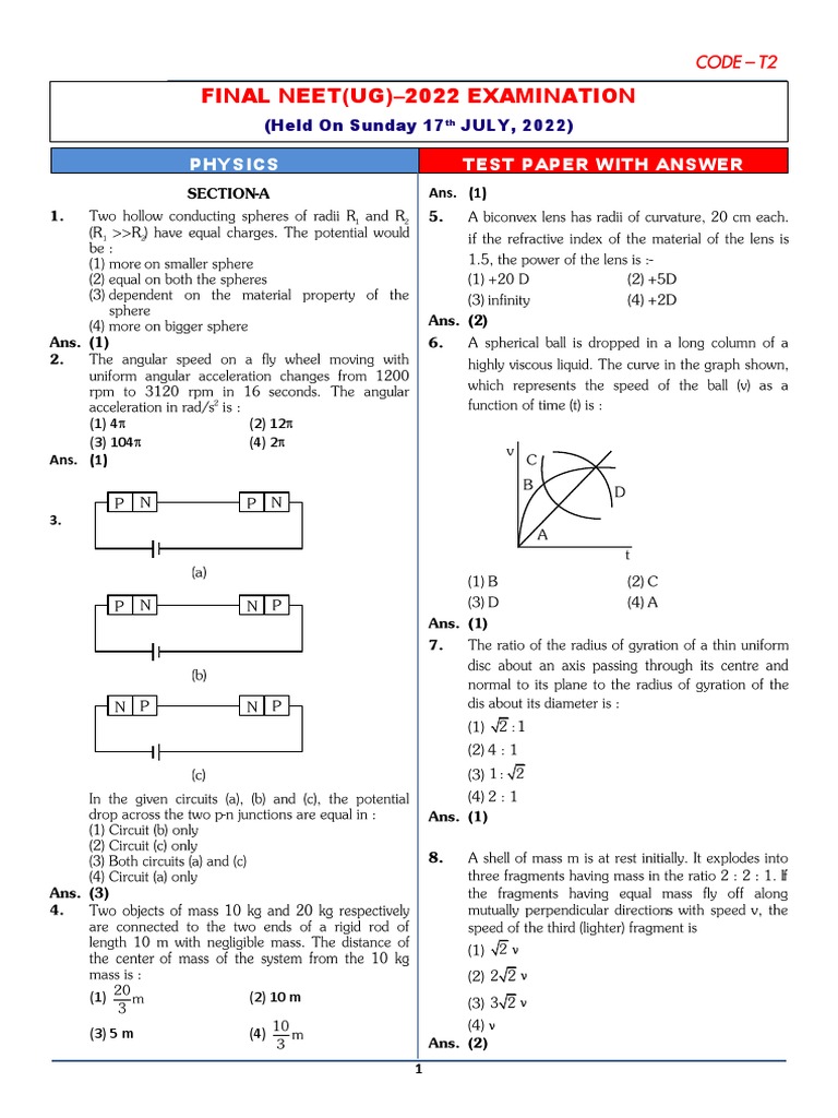 NEET (UG) - 2022 - CODE-T2 Paper With Answer | PDF | Student Assessment ...