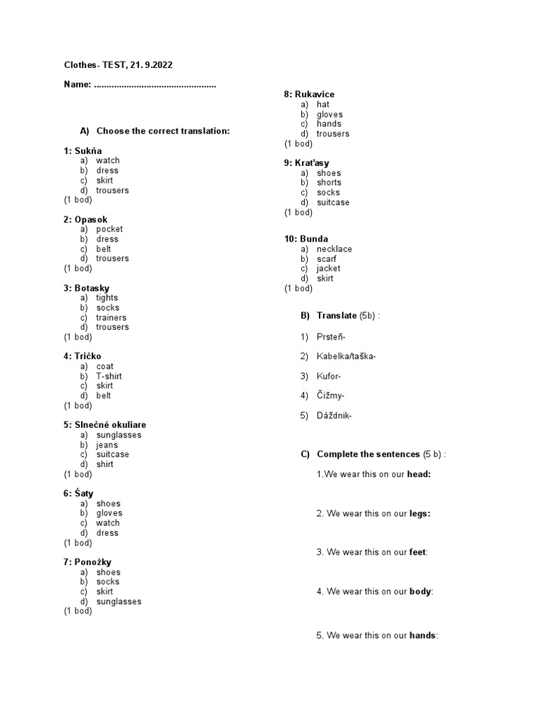 Clothes Test 4. Roc | PDF | Clothing | Sock